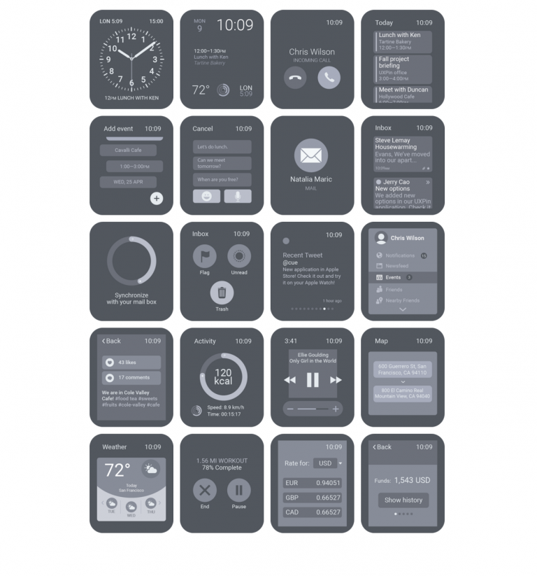 Freebie: 30 Apple Watch Wireframing UI screens & elements
